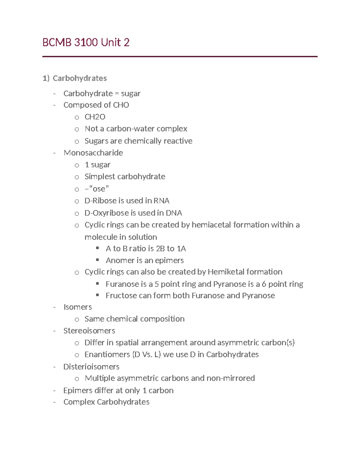 BCMB 3100 Unit 2 - BCMB 3100 Unit 2 Carbohydrates Carbohydrate = sugar ...