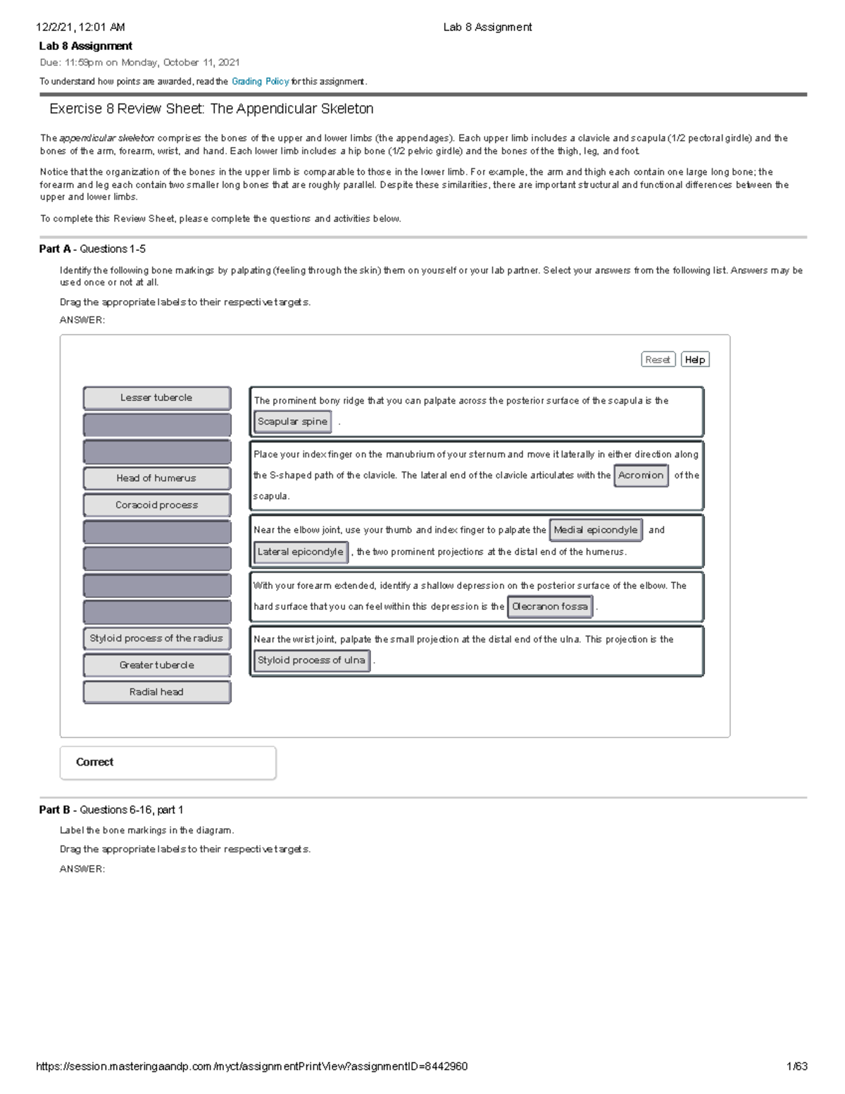 Lab 8 Assignment. Anatomy & Physiology I L/L BIOL 220 Pearson - Lab 8 ...