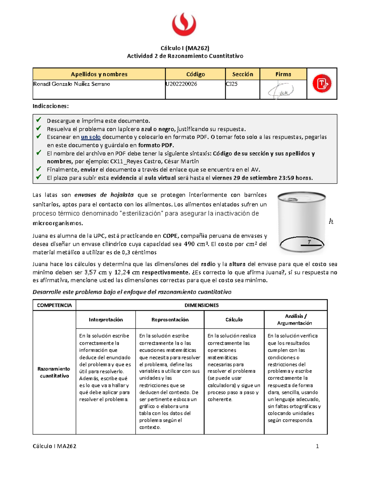 RC2 2023-2.......... - Cálculo I MA262 1 𝑟 Descargue e imprima este ...