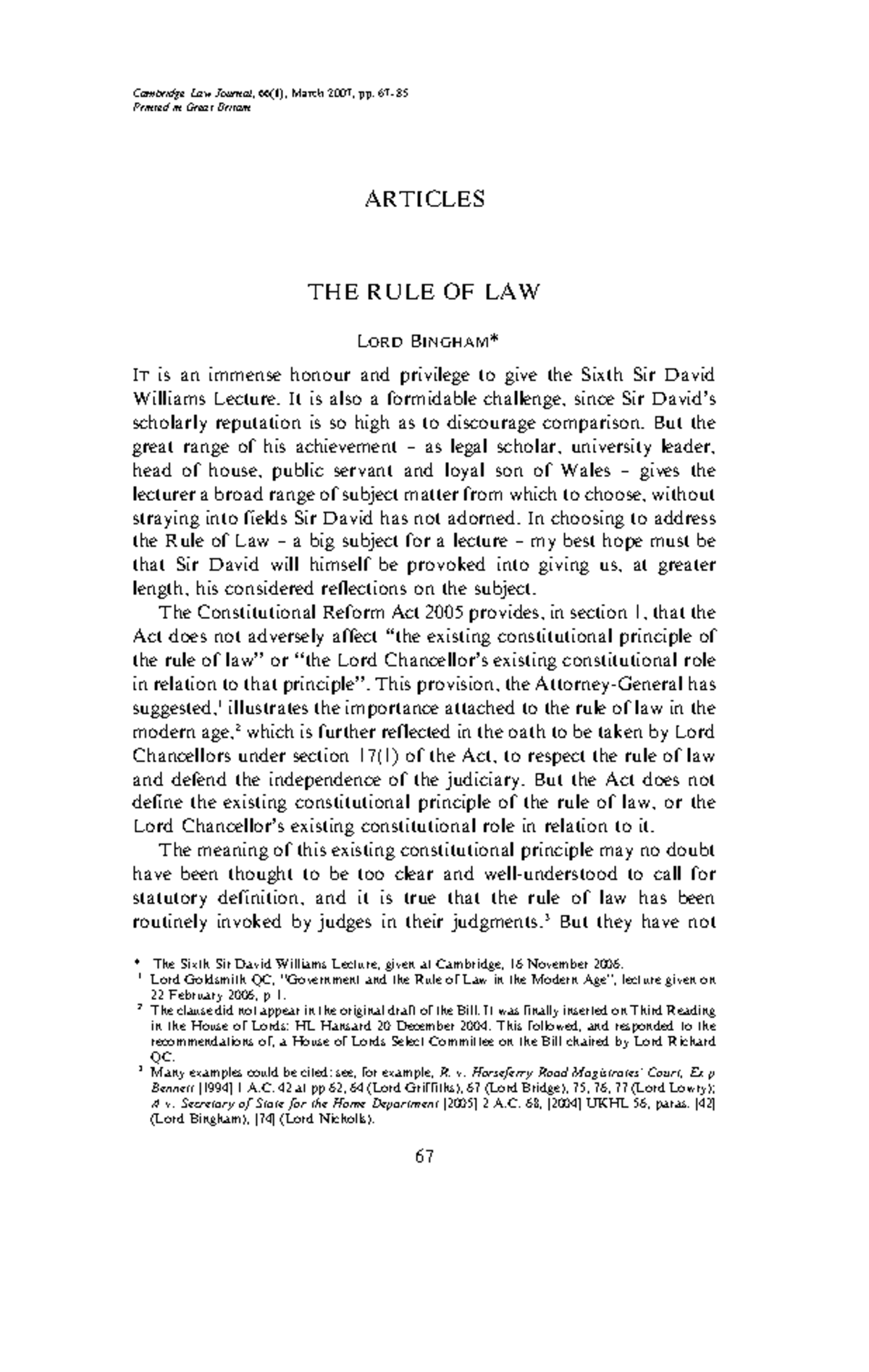 Bingham rule of law 2007 66 clj 67 - ARTICLES THE RULE OF LAW L ORD ...