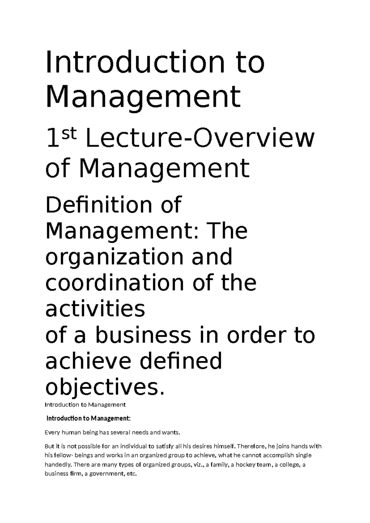 Introduction to Management - Introduction to Management 1 st Lecture ...