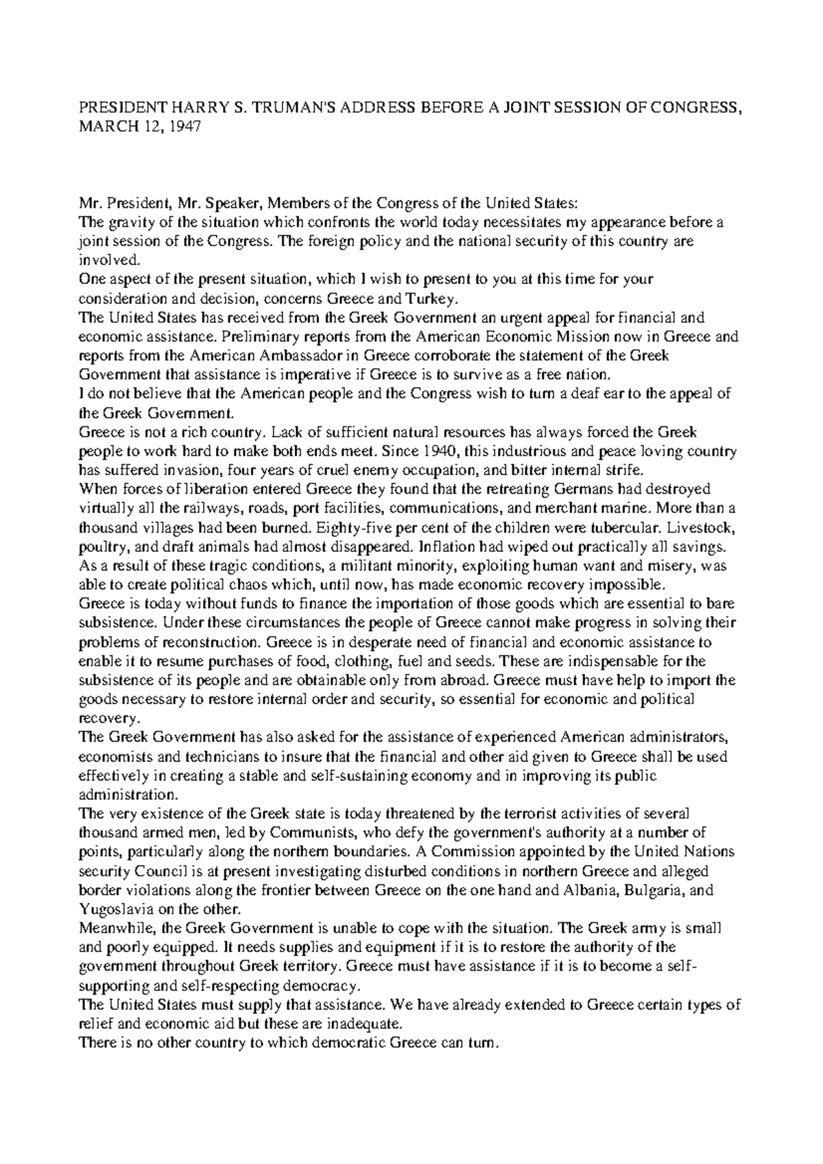 Truman Speech 1947 - PRESIDENT HARRY S. TRUMAN'S ADDRESS BEFORE A JOINT ...