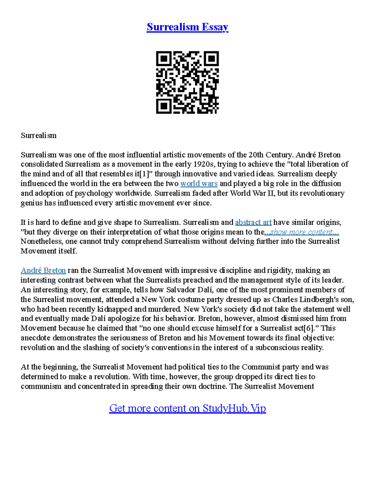 Example Illustration Essay - Surrealism Essay Surrealism Surrealism was ...