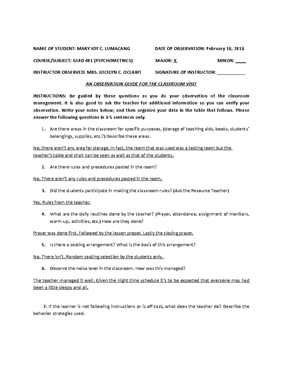 Major Observation Form - NAME OF STUDENT: MARY JOY C. LUMACANG DATE OF ...