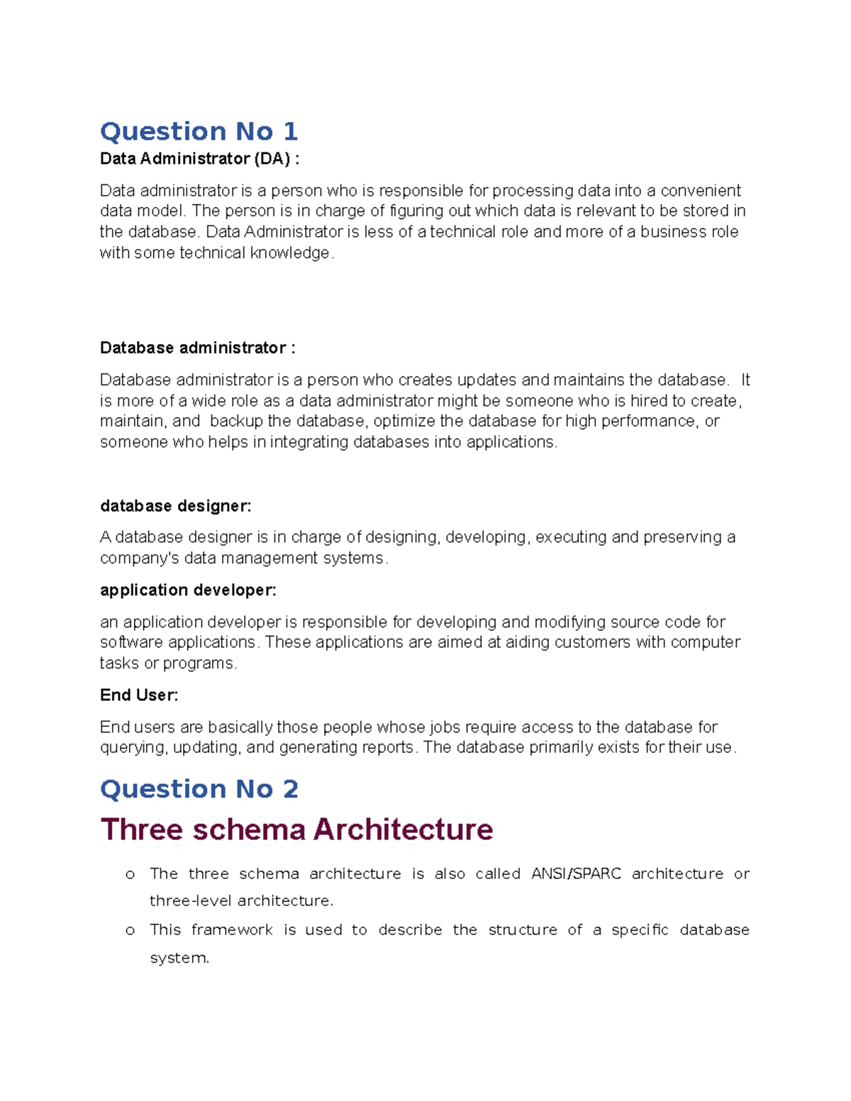 Database Assignment Question No 1 Data Administrator Da Data Administrator Is A Person Who
