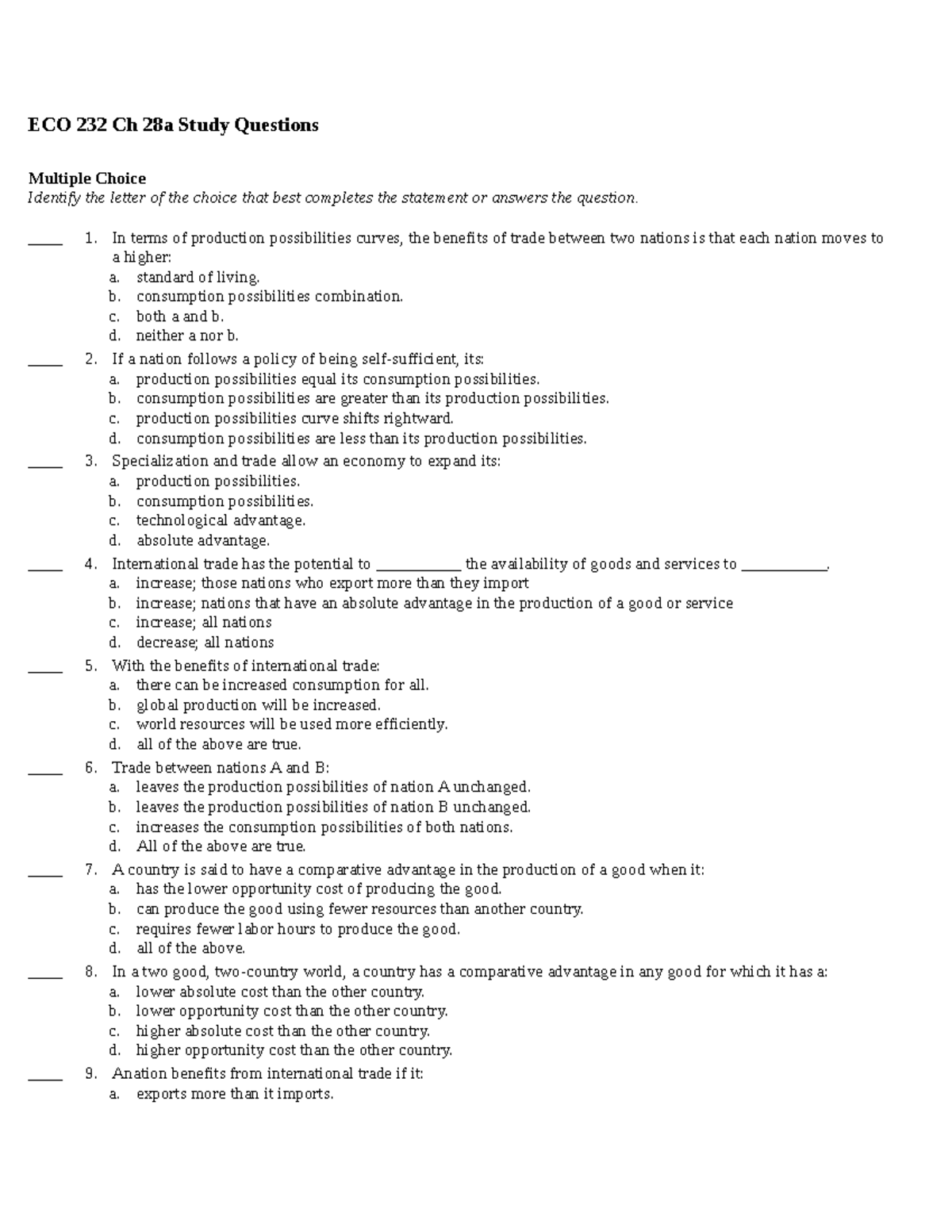 Rtf - M/C with answers - ECO 232 Ch 28a Study Questions Multiple Choice ...
