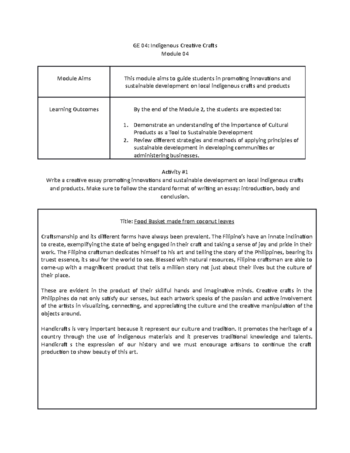 Module 04 - Coursework - GE 04: Indigenous Creative Crafts Module 04 ...