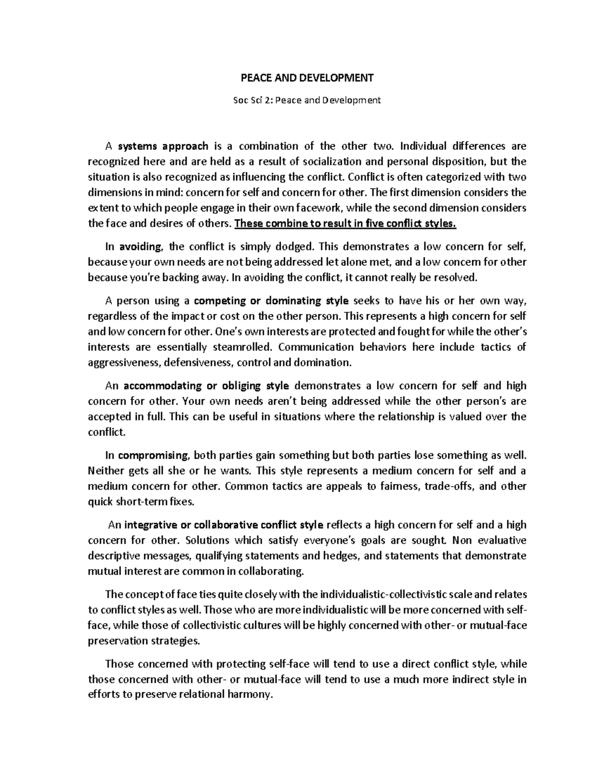 C. Peace AND Development - PEACE AND DEVELOPMENT Soc Sci 2: Peace and ...