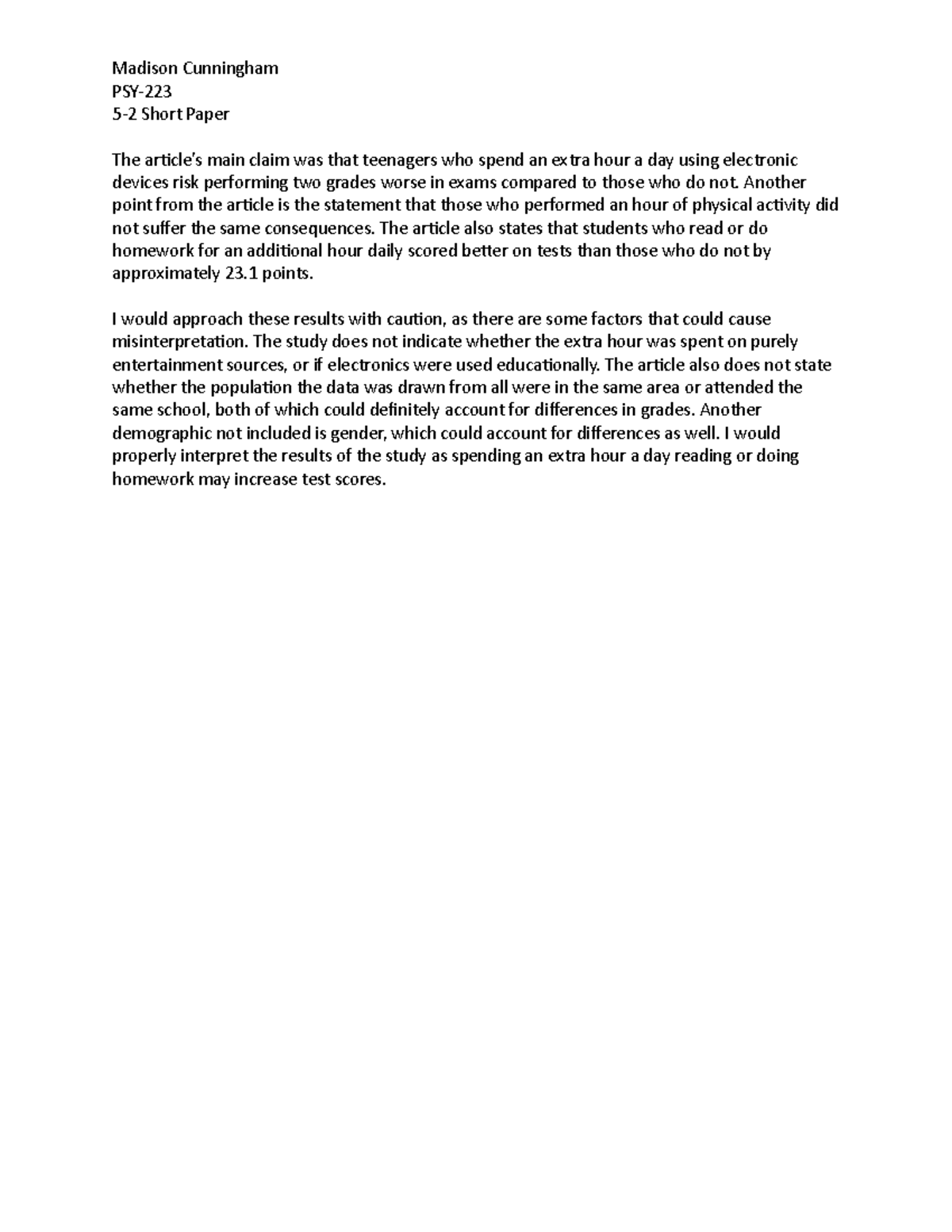 PSY 223 5-2 Short paper on teenage electronic use - Madison Cunningham ...