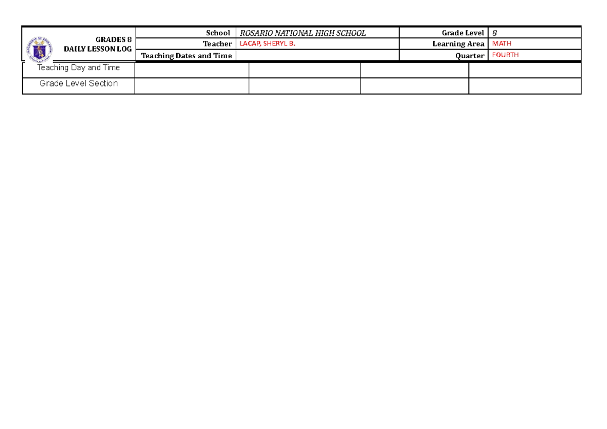 Daily Lesson Log Grade 8 Quarter 4 week 52 - GRADES 8 DAILY LESSON LOG ...