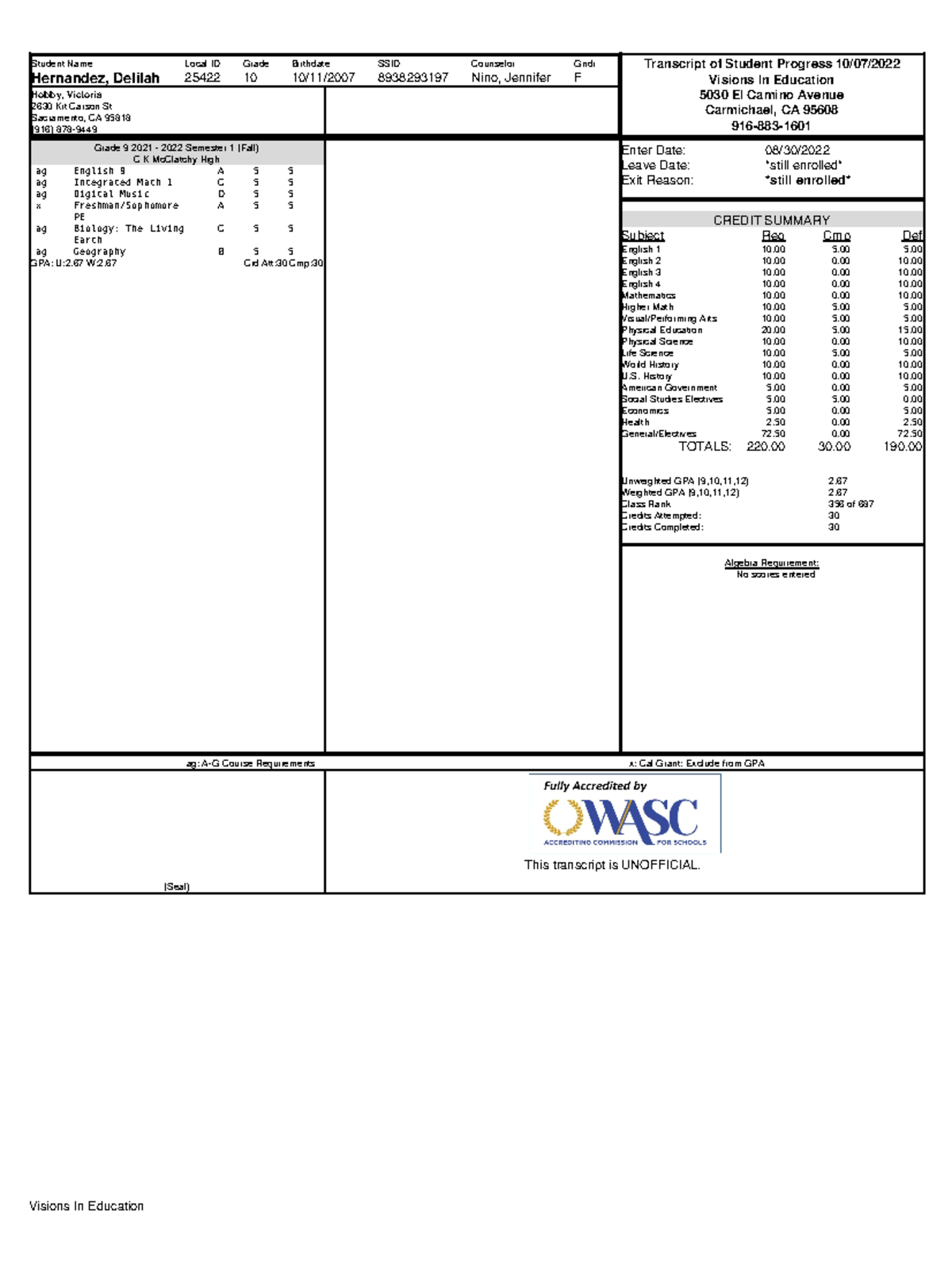 Transcript Printout - Free - Student Name Local ID Grade Birthdate SSID ...