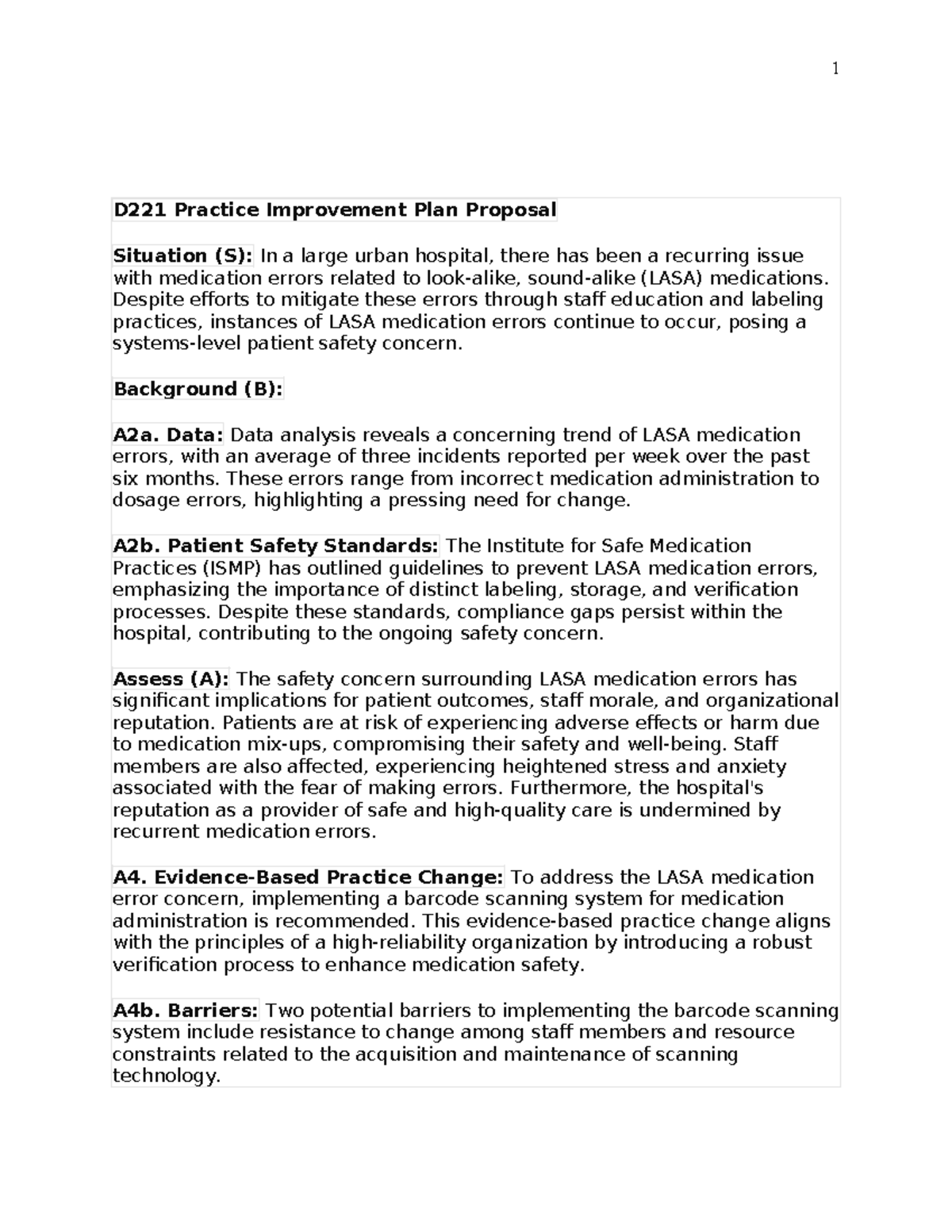 D221 Task Template 12 - 1 D221 Practice Improvement Plan Proposal ...