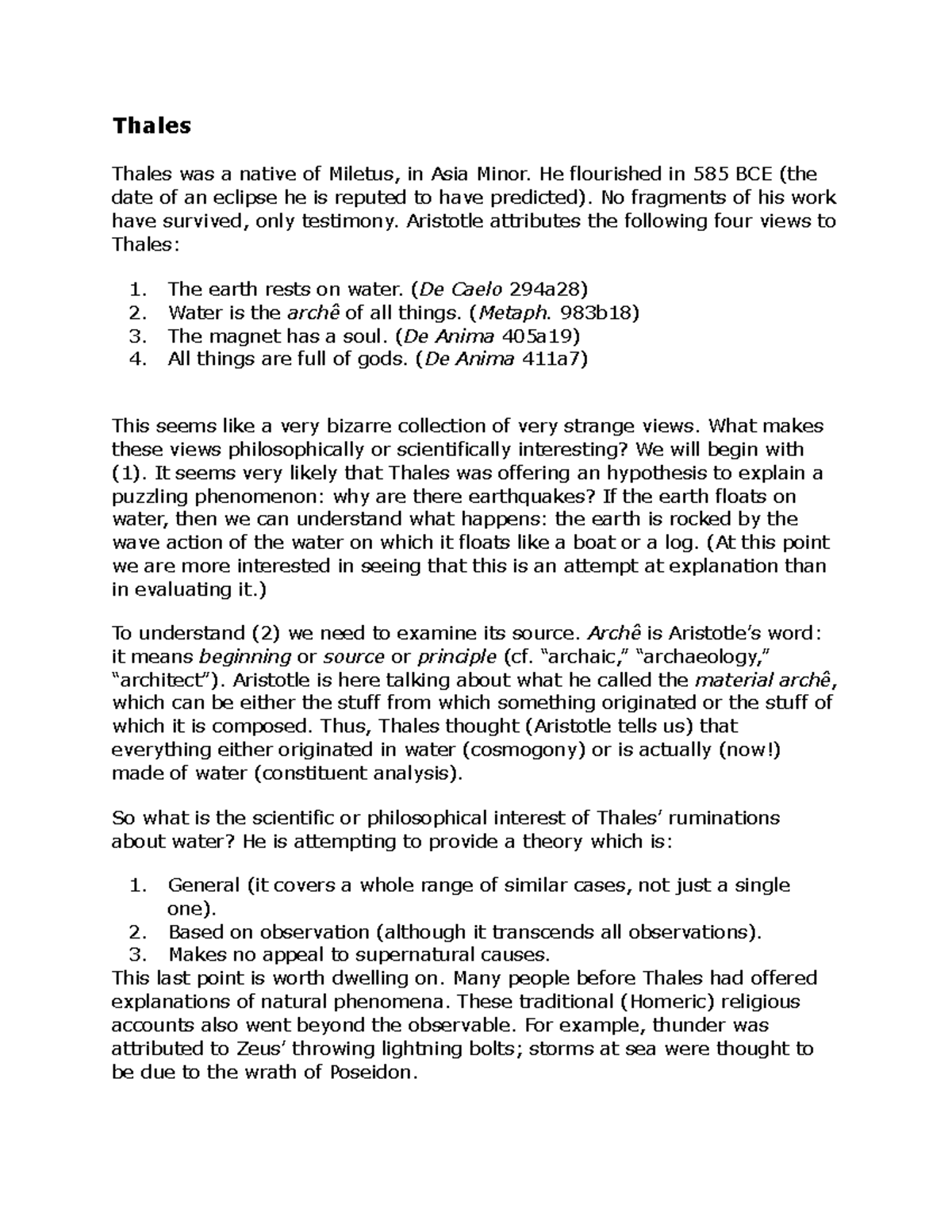 Philos 1 - Thales Thales was a native of Miletus, in Asia Minor. He ...