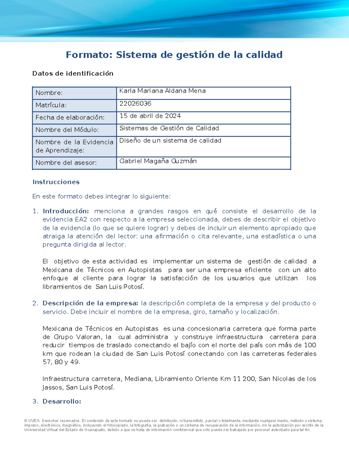 SGC EA2 Formato v3 nuevo - Formato: Sistema de gestión de la calidad Datos de identificación ...