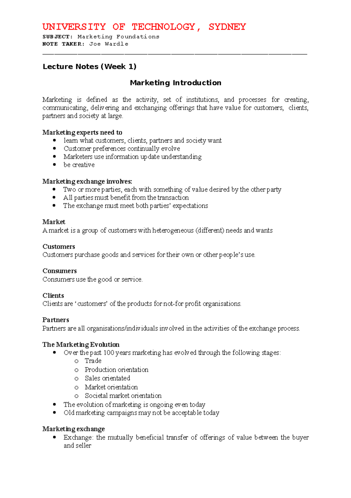 HD Marketing Foundations Lecture Notes - SUBJECT: Marketing Foundations ...