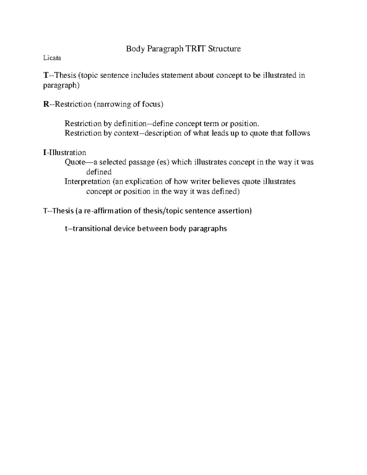 TRIT Comp I handout - wasd - Body Paragraph TRIT Structure Licata T ...