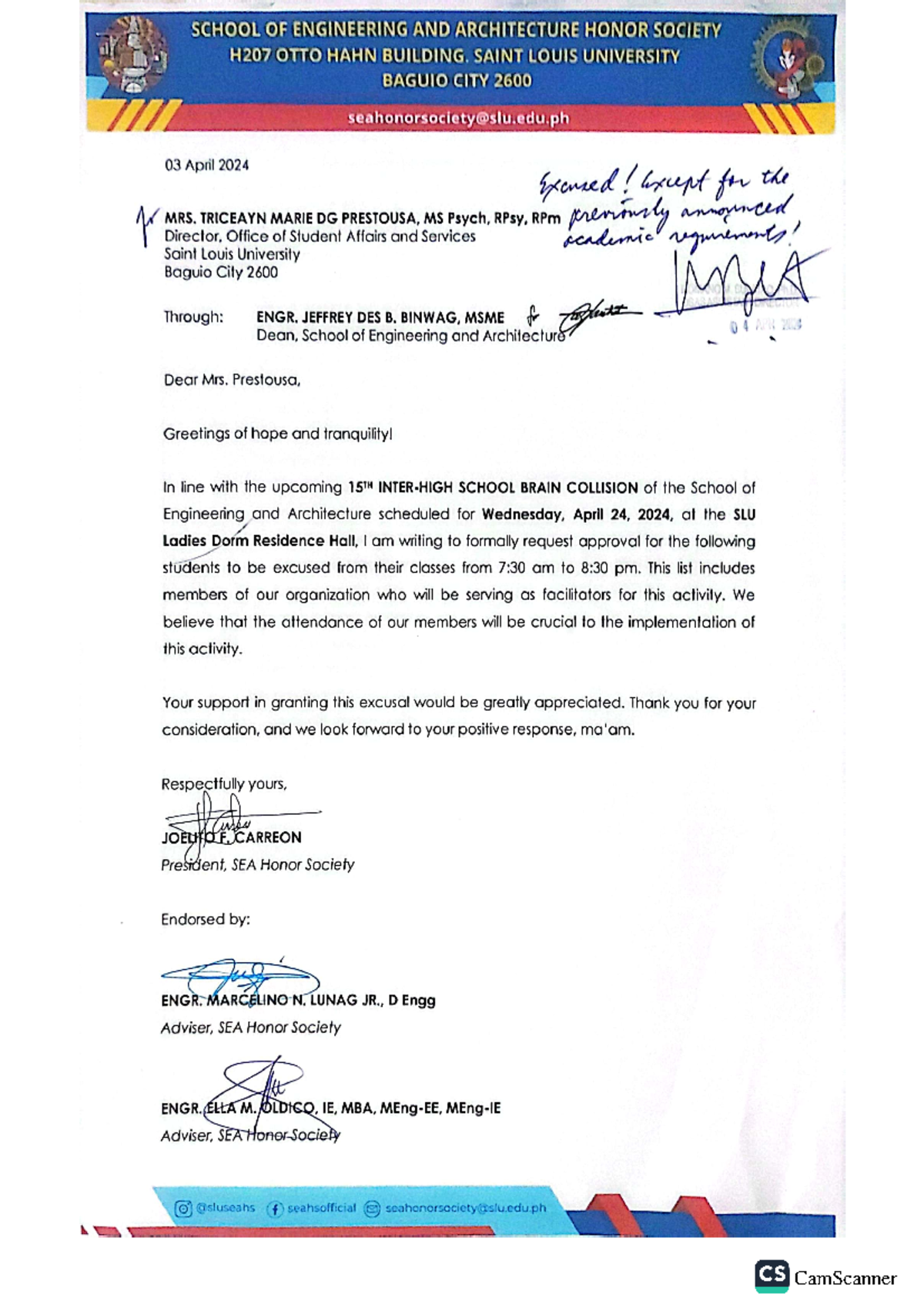 15 Ihsbc-Excuse-Letter - BS Social Work - CamScanner CamScanner - Studocu