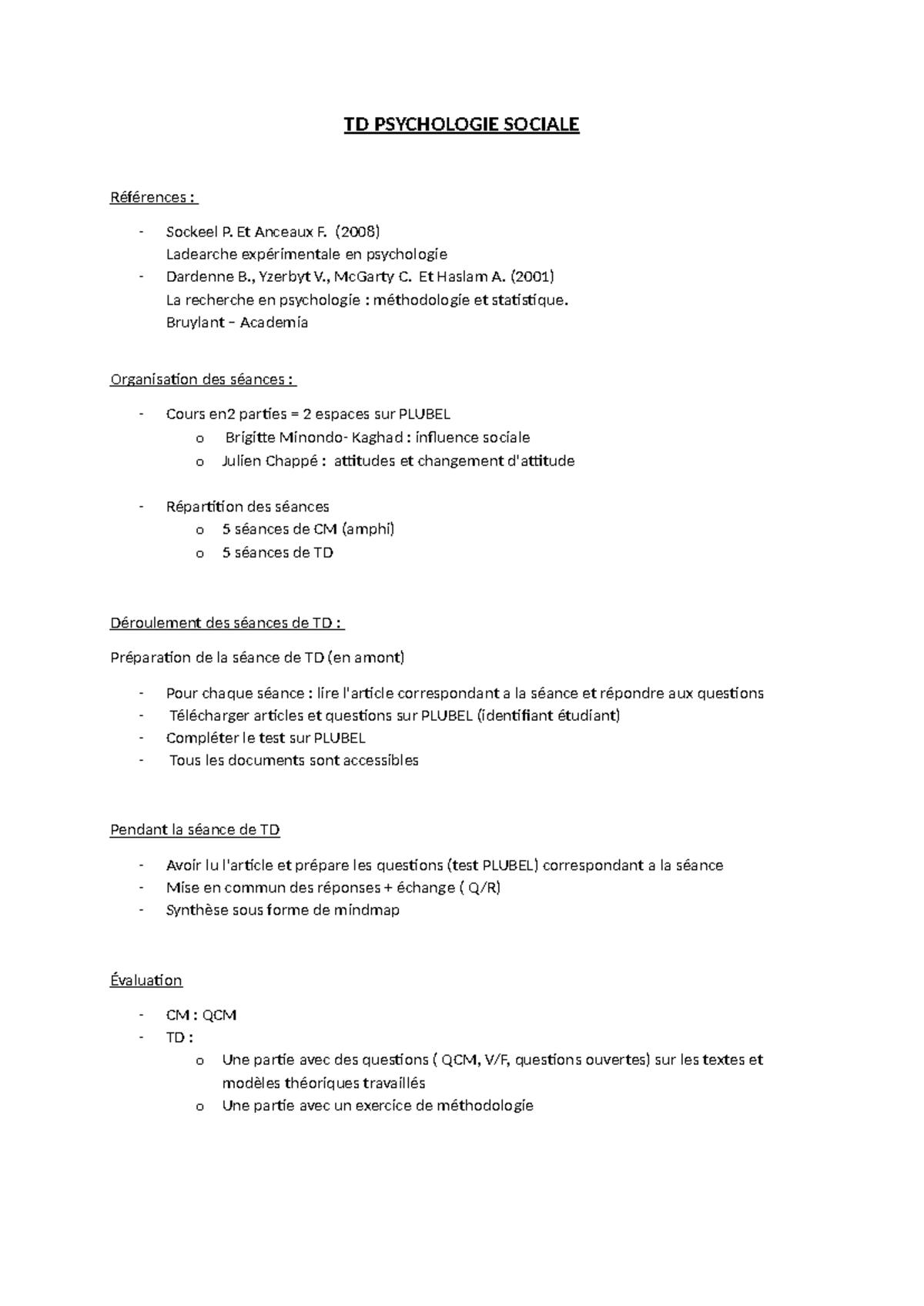 TD Psychologie Sociale - TD PSYCHOLOGIE SOCIALE Références : - Sockeel ...