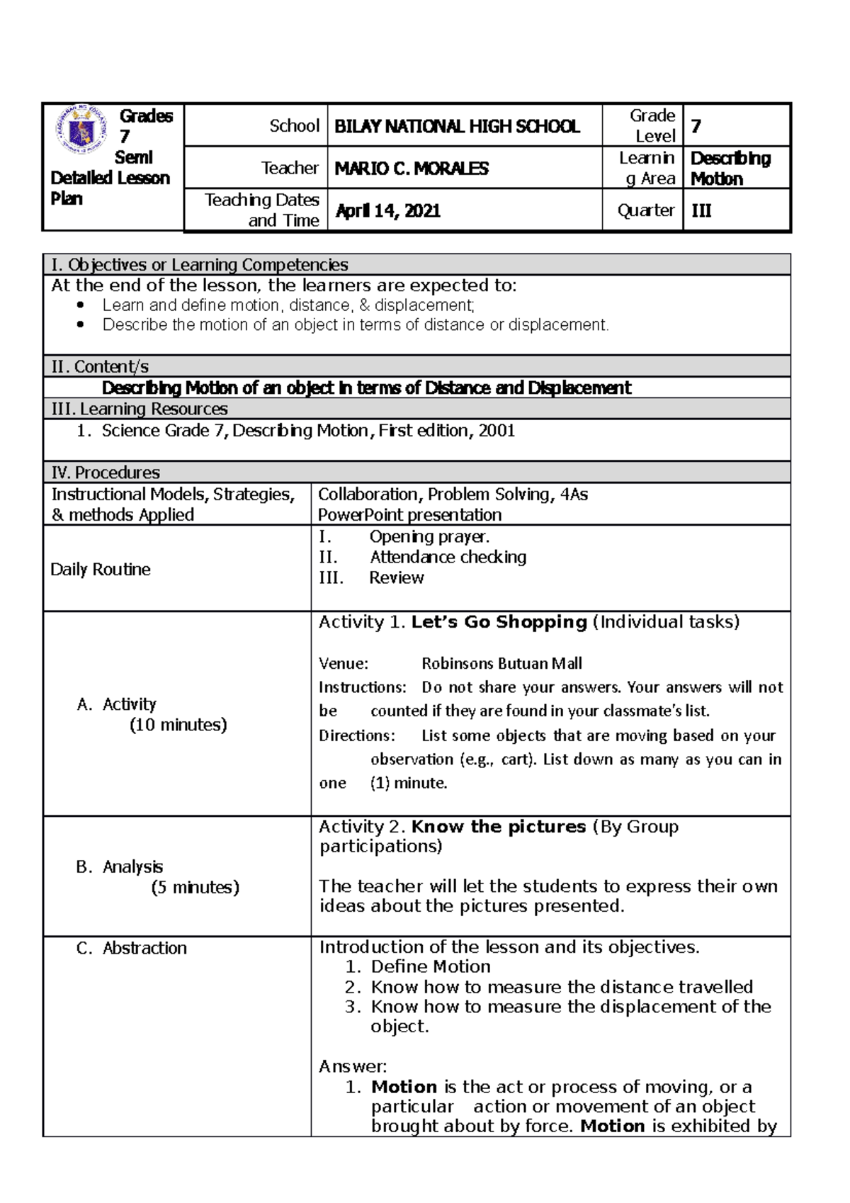 Describing Motion - thank you - Grades 7 Semi Detailed Lesson Plan ...