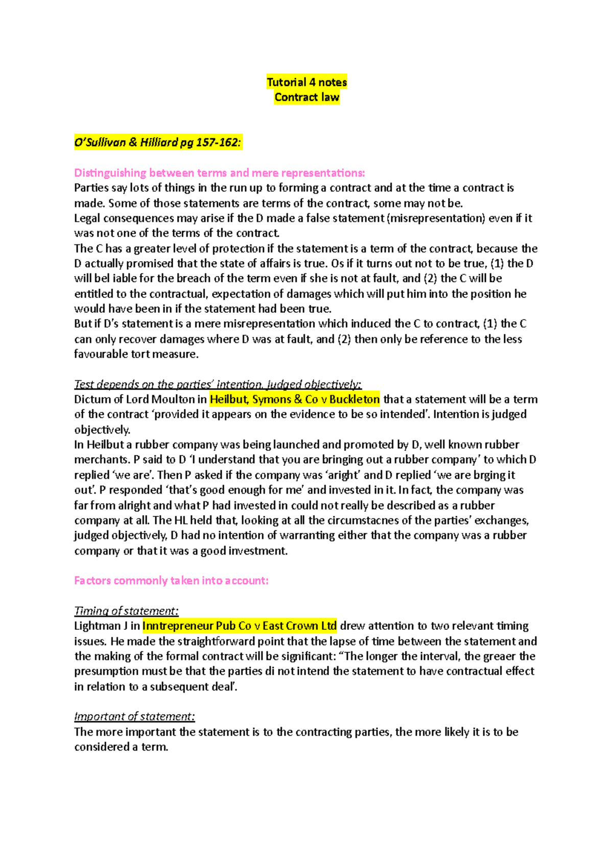 Tutorial 4 notes - Tutorial 4 notes Contract law O’Sullivan & Hilliard ...