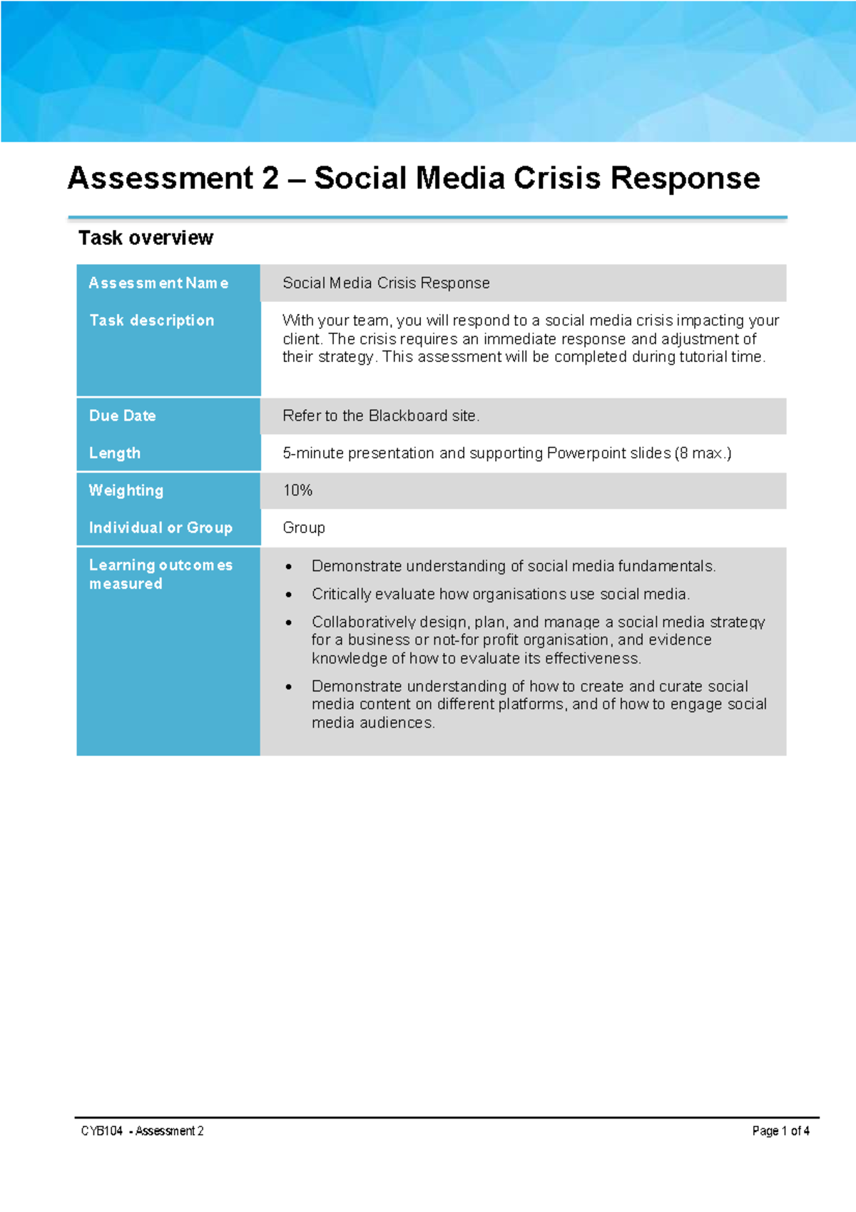 CYB104 Assessment 2 2022 - Assessment 2 – Social Media Crisis Response ...