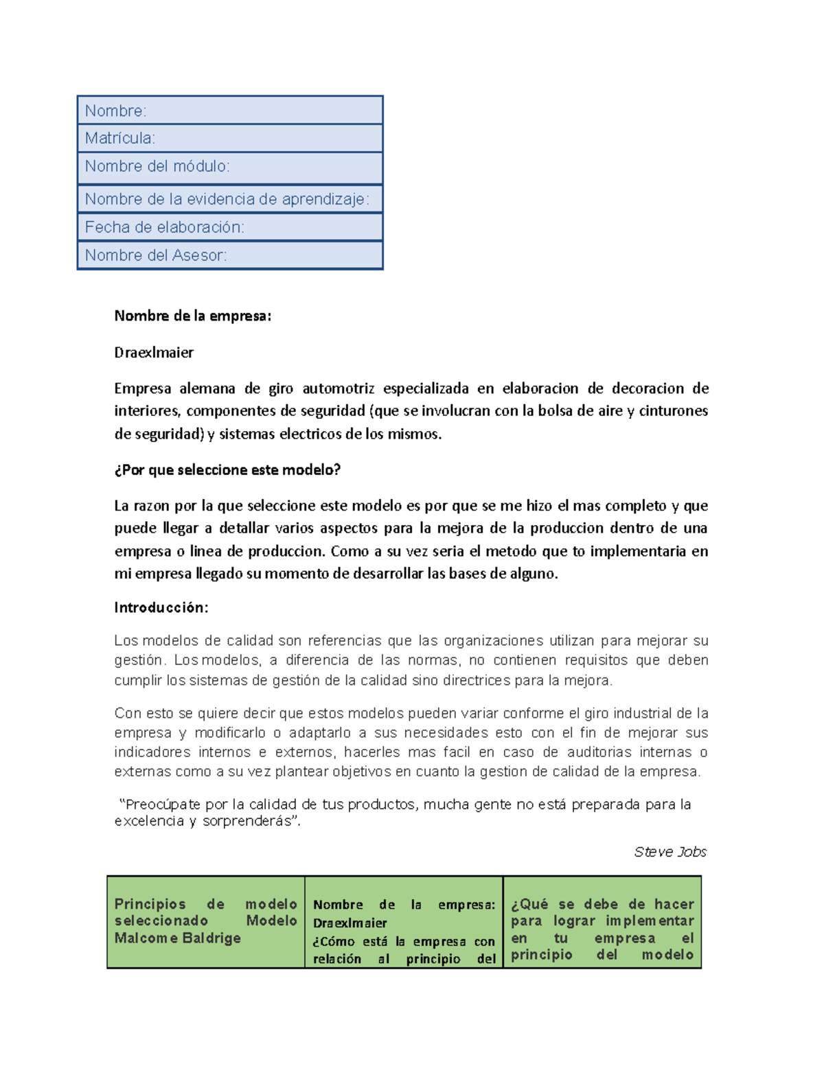 Modelos de calidad Malcolm Baldrige tarea - Sistemas de Gestión de ...