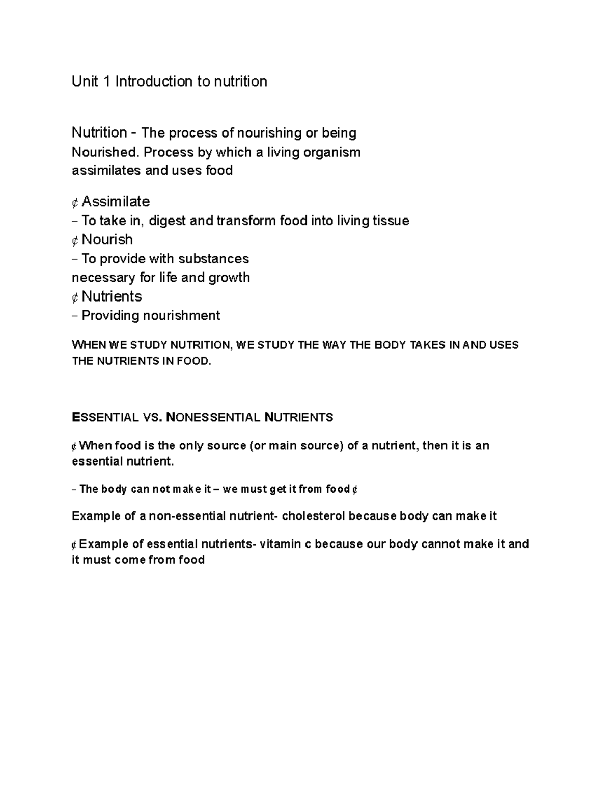 NTR notes 1 - Unit 1 Introduction to nutrition Nutrition -The process ...