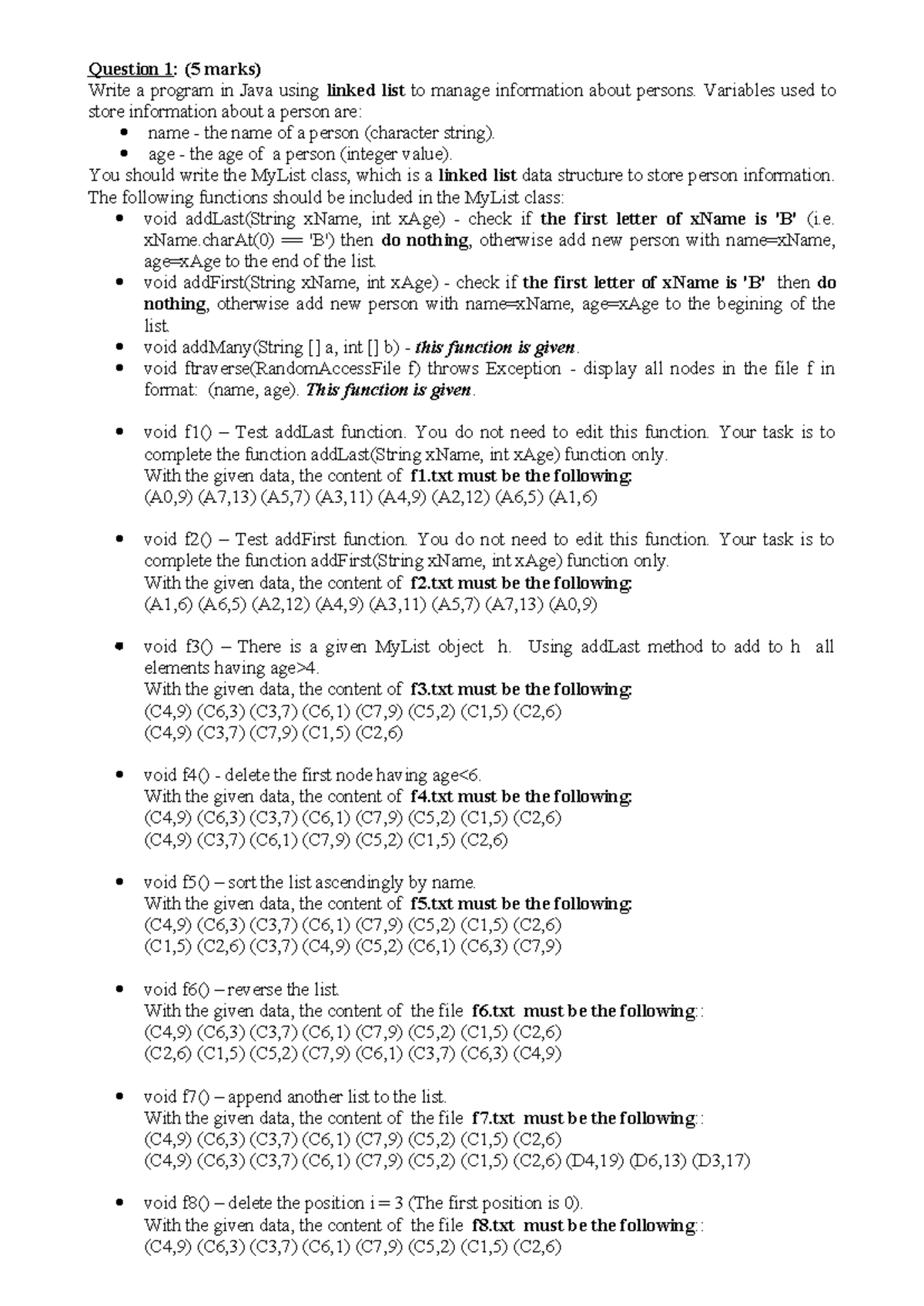 Dsa Sample Pe 1 Question 1 5 Marks Write A Program In Java Using Linked List To Manage