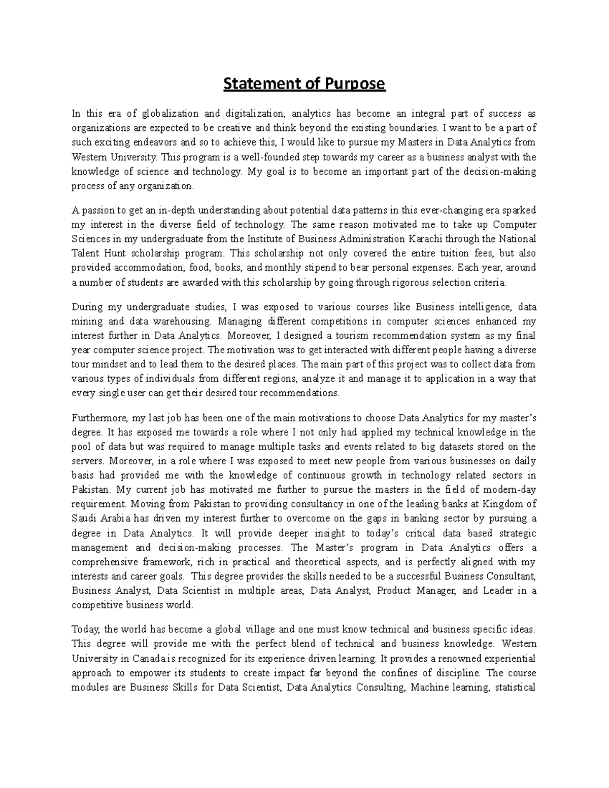 Sop western - Statement of Purpose In this era of globalization and ...