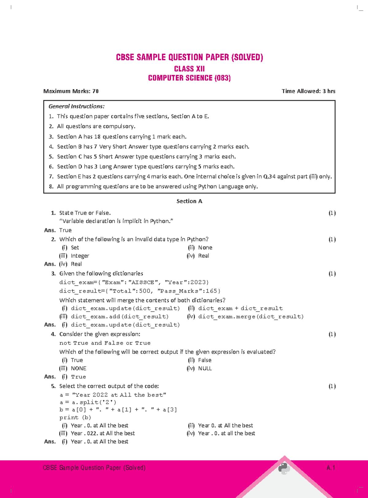 CBSE Sample Paper (for Website) - CBSE Sample Question Paper (Solved) A ...