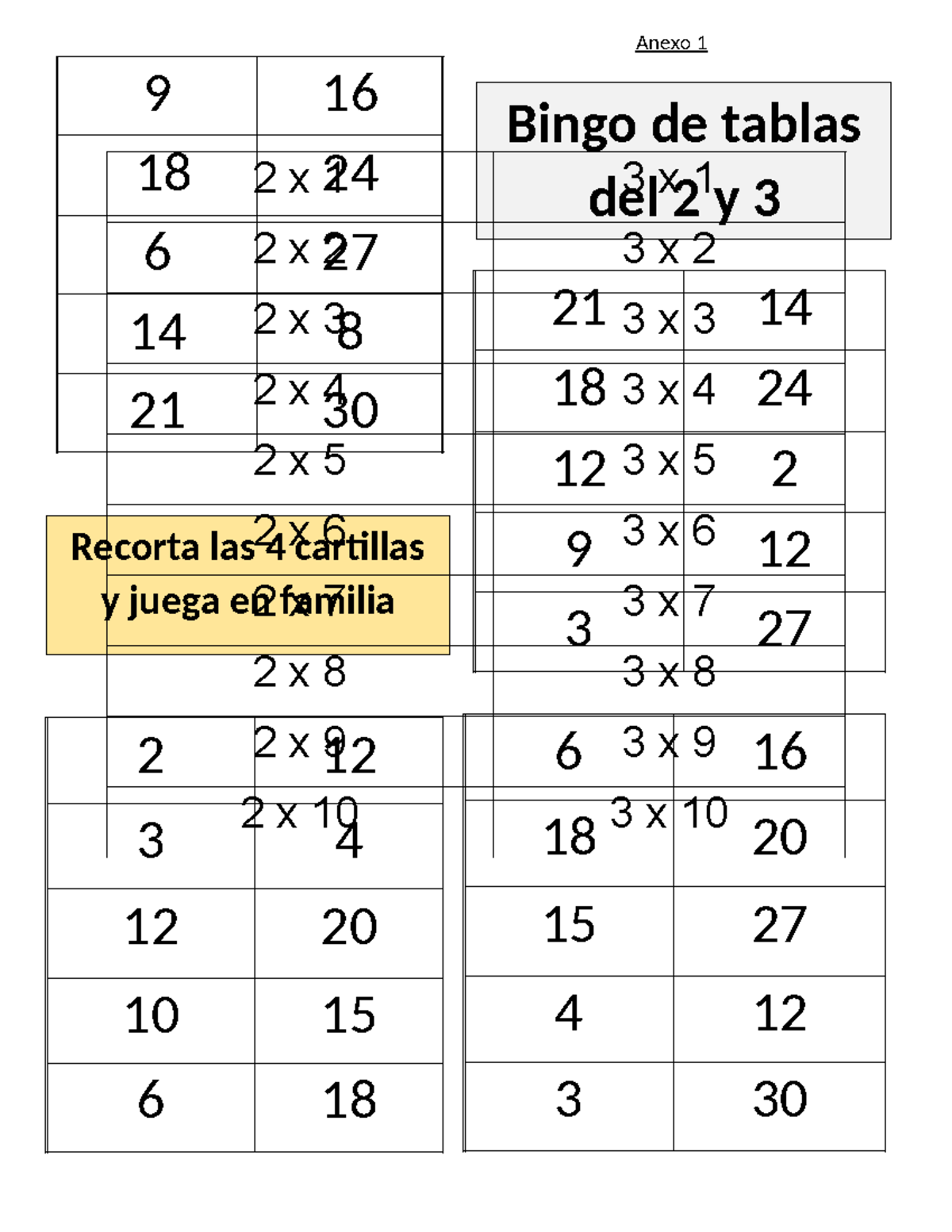 Bingo multiplicaciones - Bingo de tablas Recorta las 4 cartillas - del ...