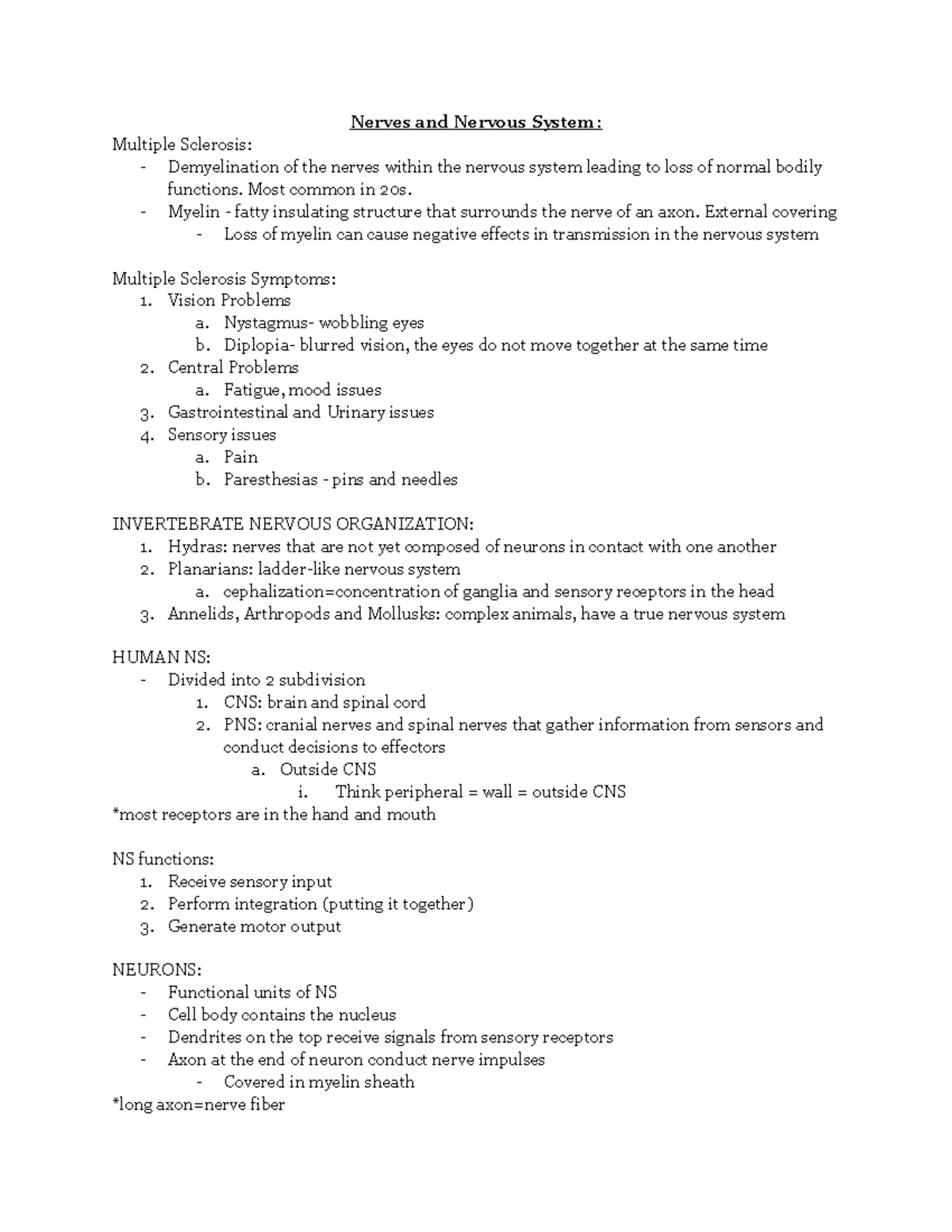 Nervous system/ reproductive system Study Sheet - Nerves and Nervous ...