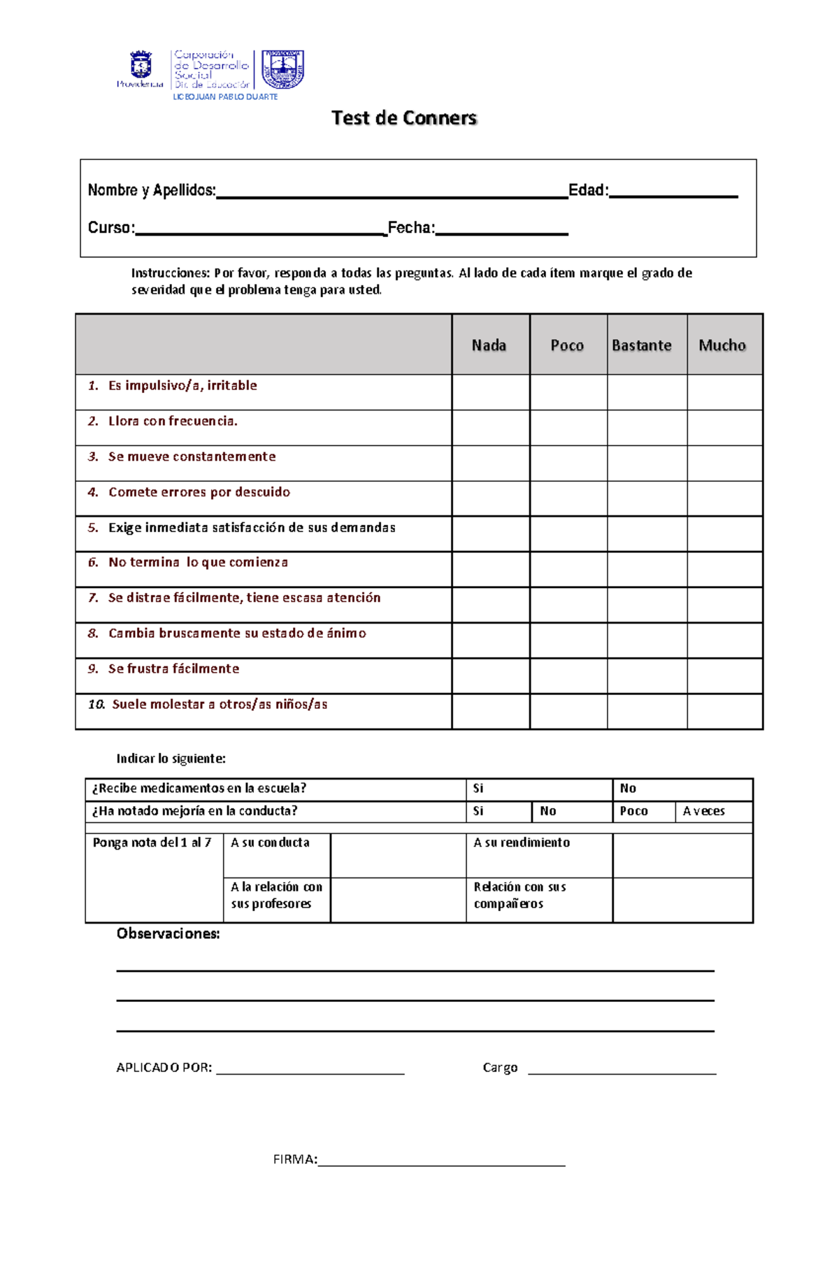 Test de Conners JPD (1) - LICEOJUAN PABLO DUARTE Test de Conners ...