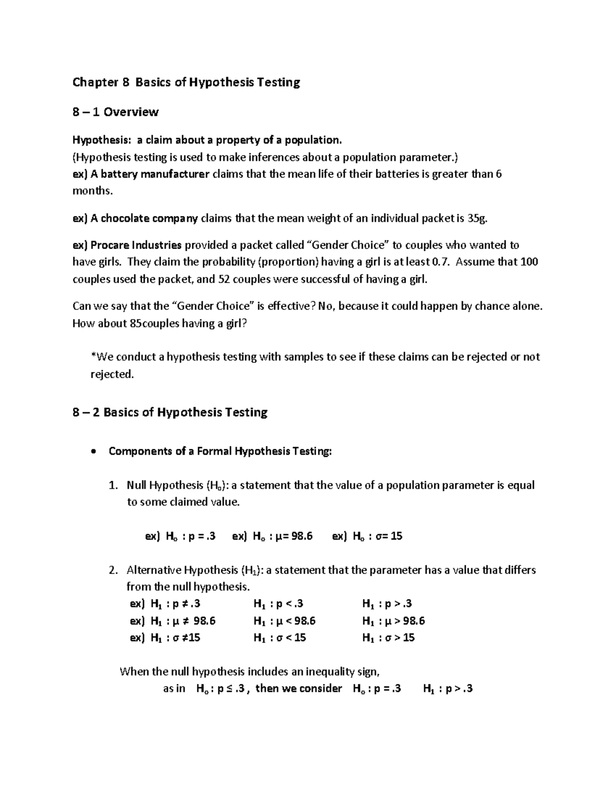 Class Lecture 8-2 - Chapter 8 Basics of Hypothesis Testing 8 – 1 ...