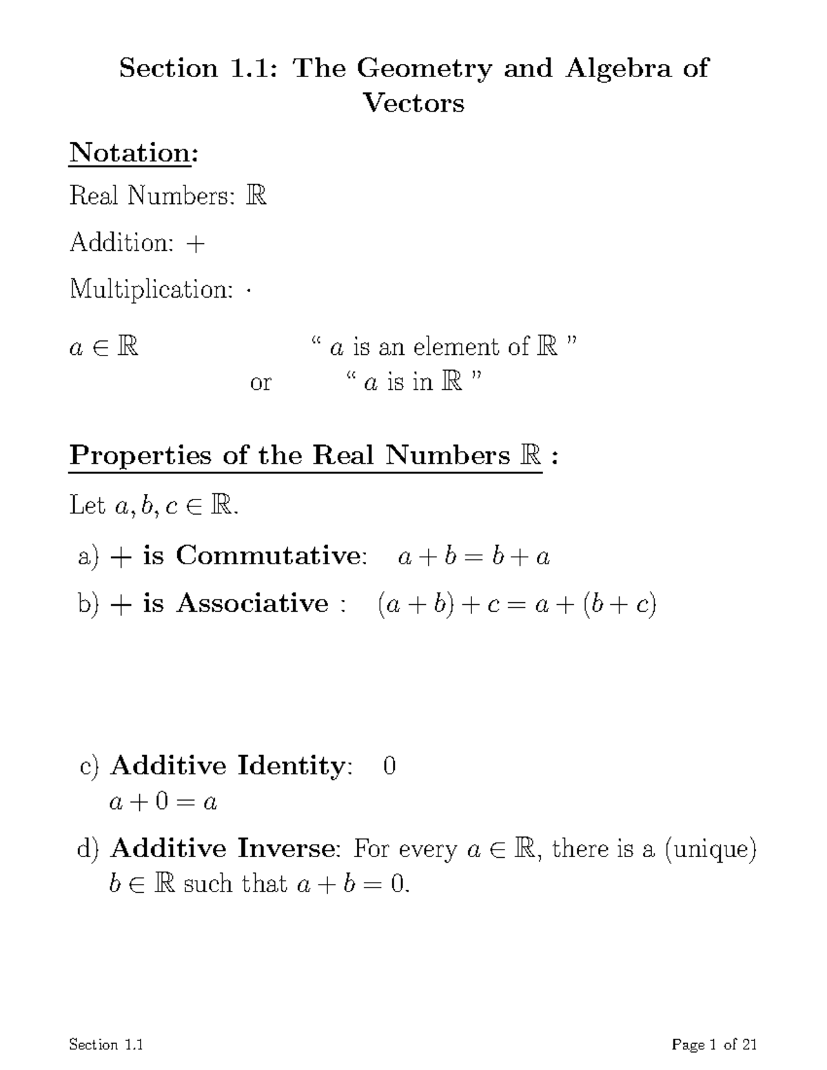 Math 125 -1 - Lecture notes 1 - Section 1: The Geometry and Algebra of ...