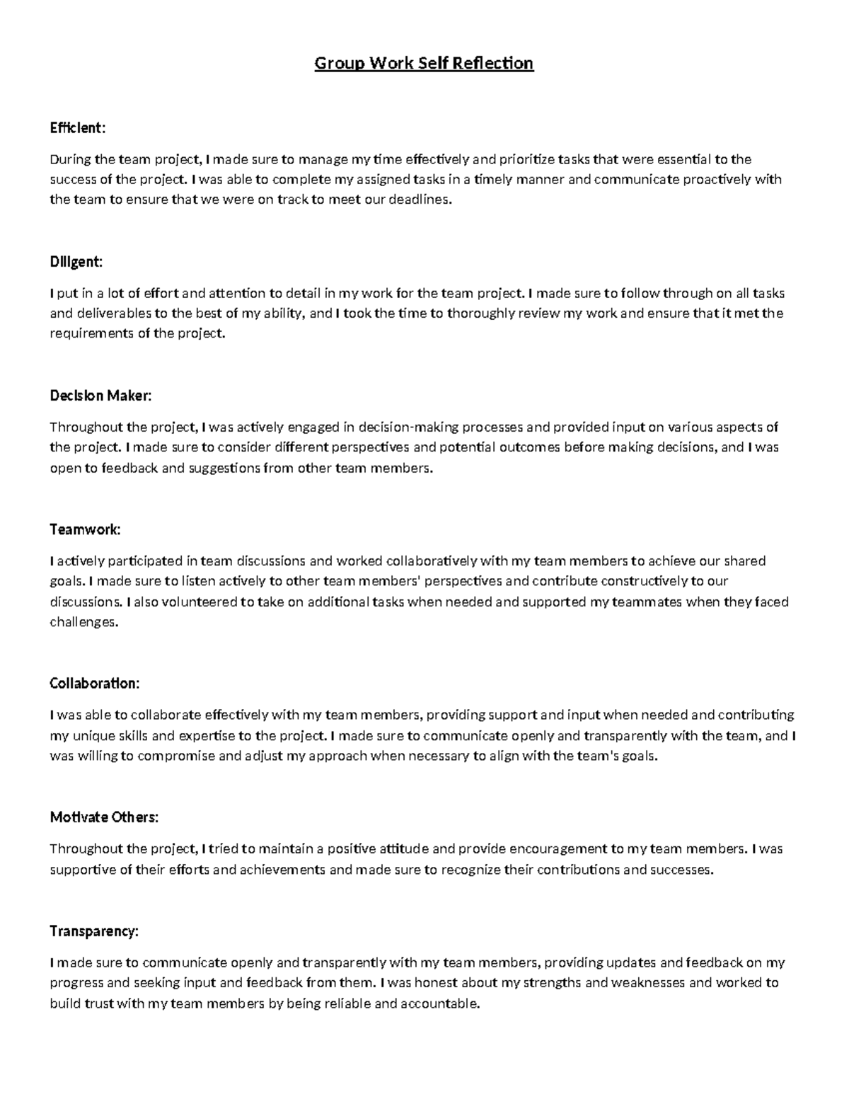 Group Work Self Reflection Group Work Self Reflection Efficient
