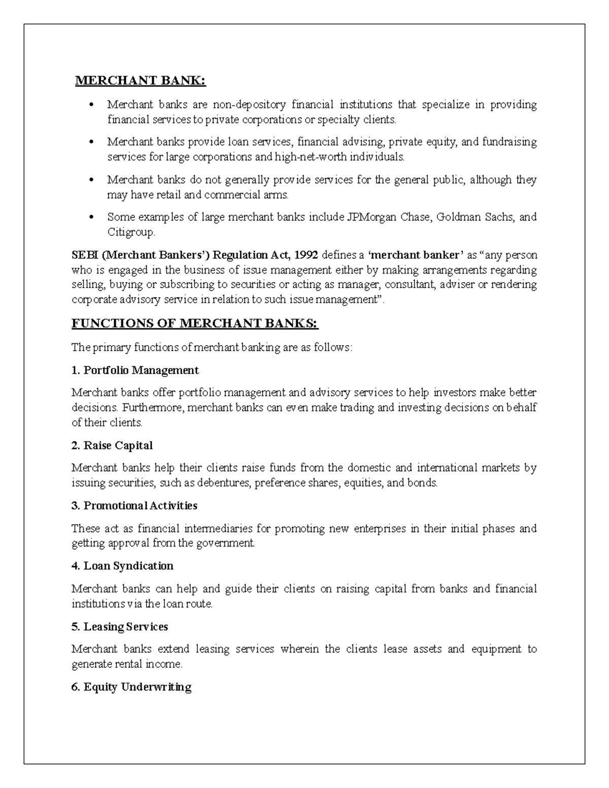 Merchant Bank and role of SEBI - MERCHANT BANK: Merchant banks are non ...