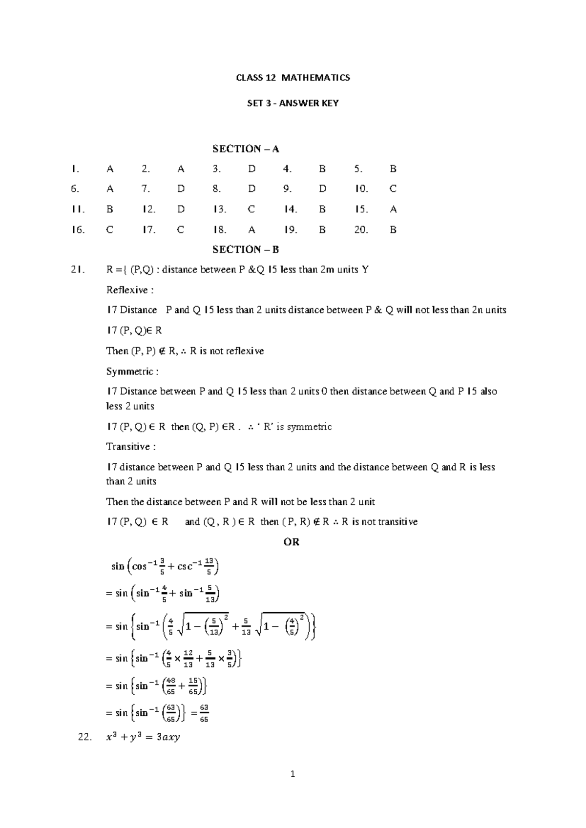 Egams sahodaya SET 3 key - CLASS 12 MATHEMATICS SET 3 - ANSWER KEY ...