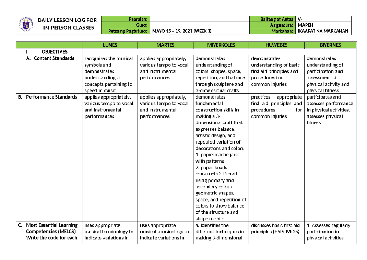 Mapeh 5 WEEK 3 - Lesson Plan - DAILY LESSON LOG FOR IN-PERSON CLASSES ...