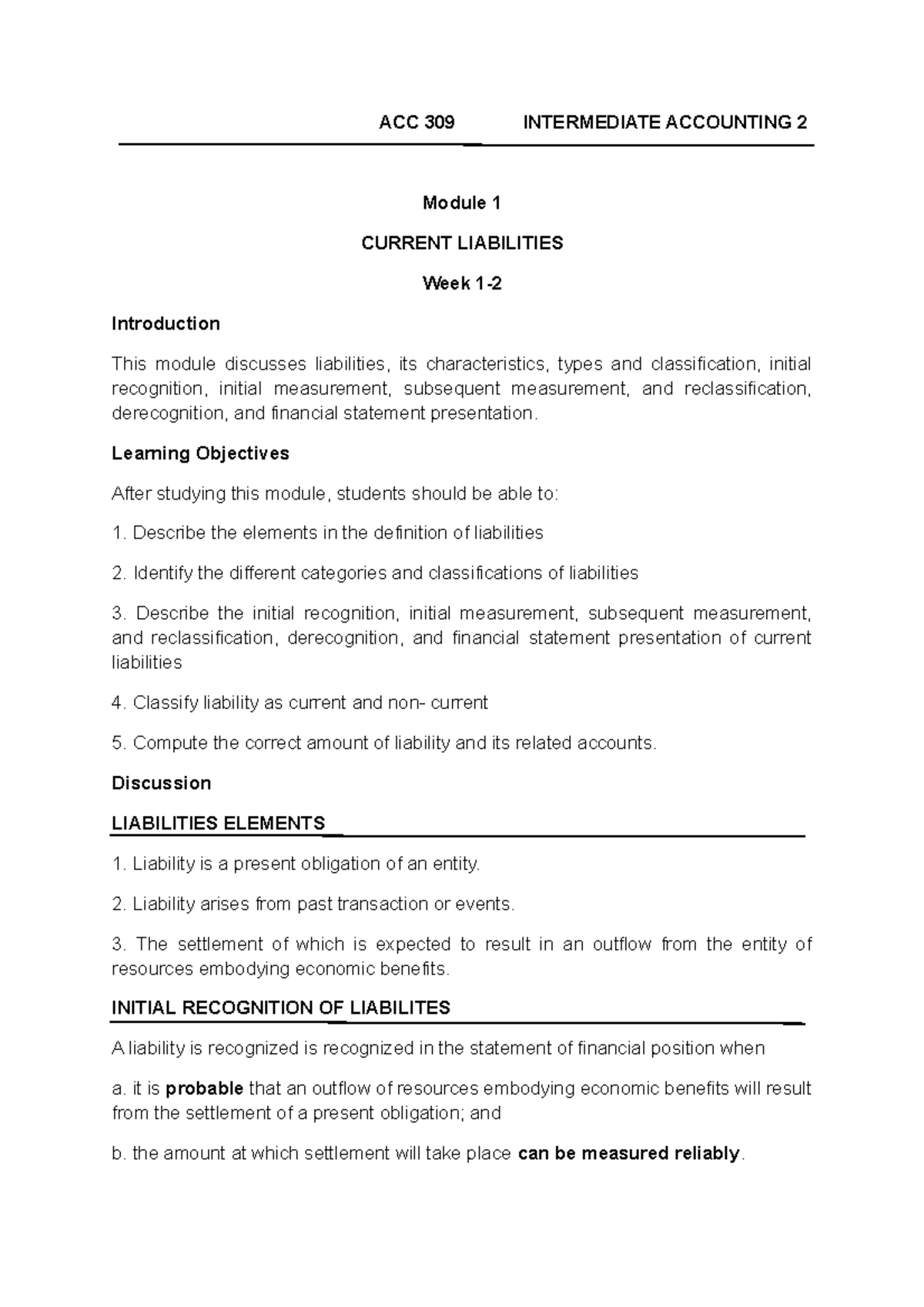 Module ACC 309 Current Liabilities - ACC 309 INTERMEDIATE ACCOUNTING 2 ...