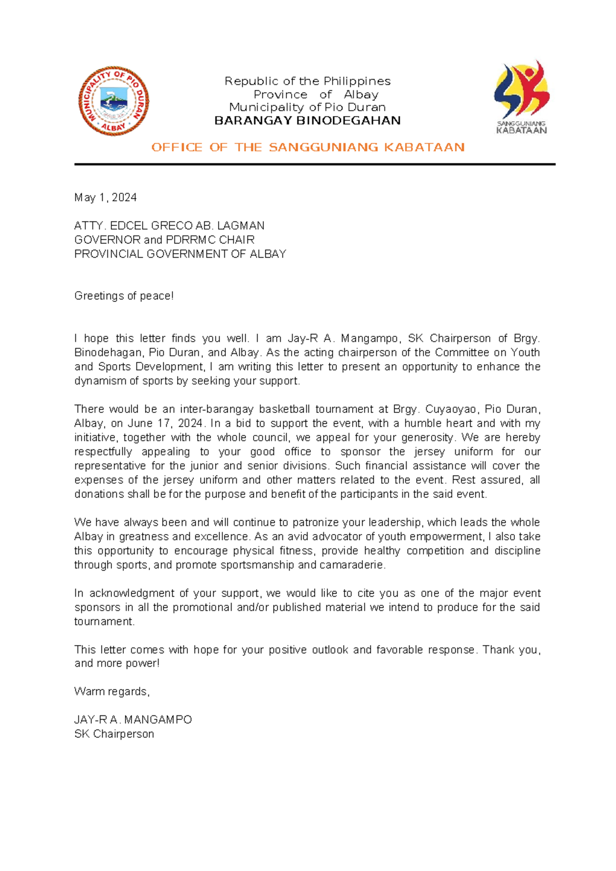 Solicitation-Letter 02 - Republic of the Philippines Province of Albay ...