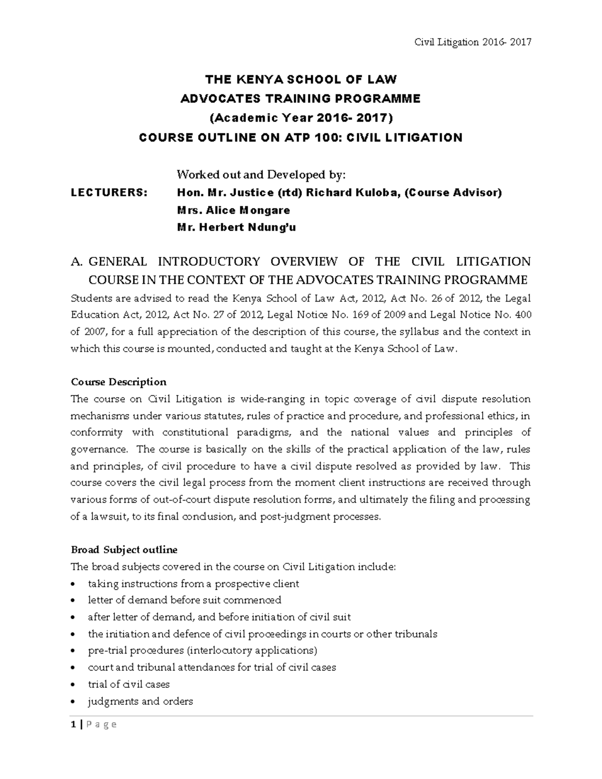 Course Outline - Civil Litigation Outline - THE KENYA SCHOOL OF LAW ...