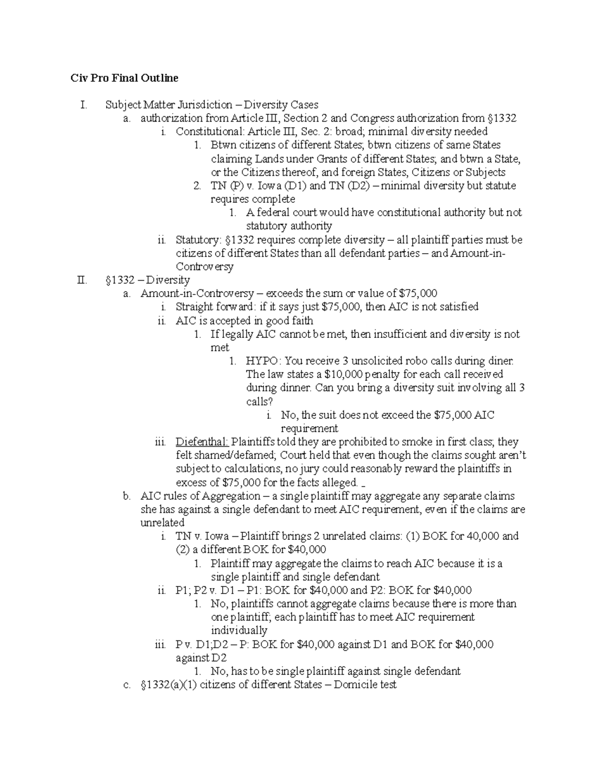 Civ Pro Final Outline - Subject Matter Jurisdiction – Diversity Cases a ...