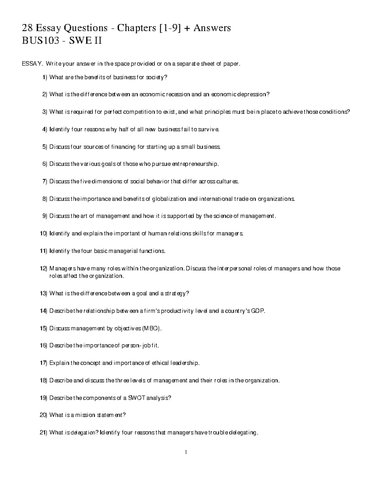 BUS103 SWE II - 28 Essay Questions+Answers - 28 Essay Questions ...