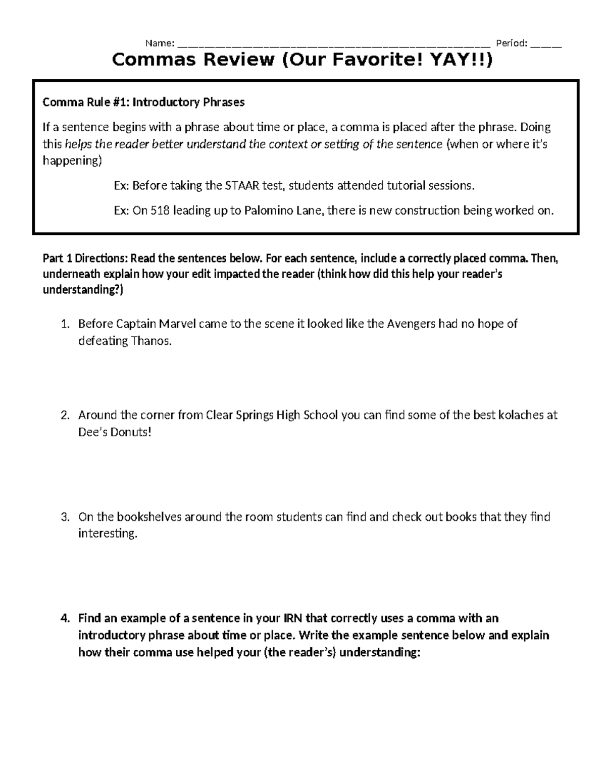 Comma Rules Review - Name ...