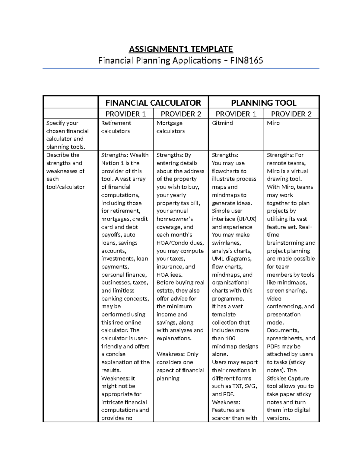 Fp technology assignment 1 - ASSIGNMENT1 TEMPLATE Financial Planning Applications – FIN ...