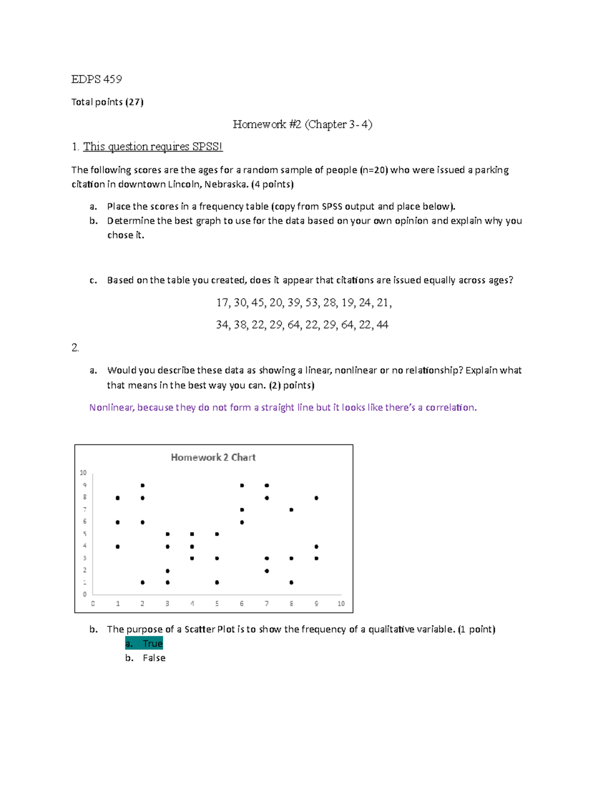 Homework 2 - EDPS 459 Total points (27) Homework #2 (Chapter 3- 4) This ...