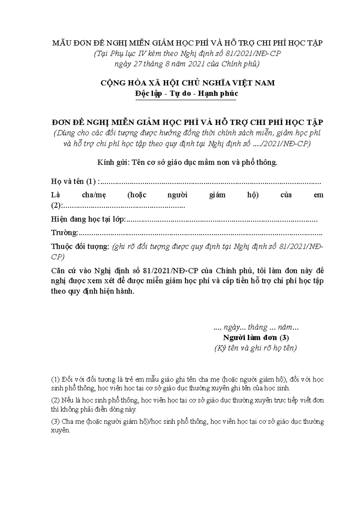 MD mien giam hp ho tro cp hoc tap PLIV - MẪU ĐƠN ĐỀ NGHỊ MIỄN GIẢM HỌC ...