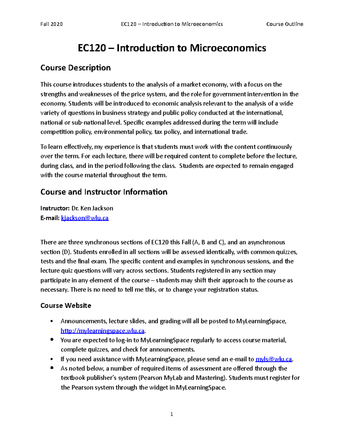 EC120 Course Outline - Fall 2020 - EC120 – Introduction to Microeconomics Course Description ...