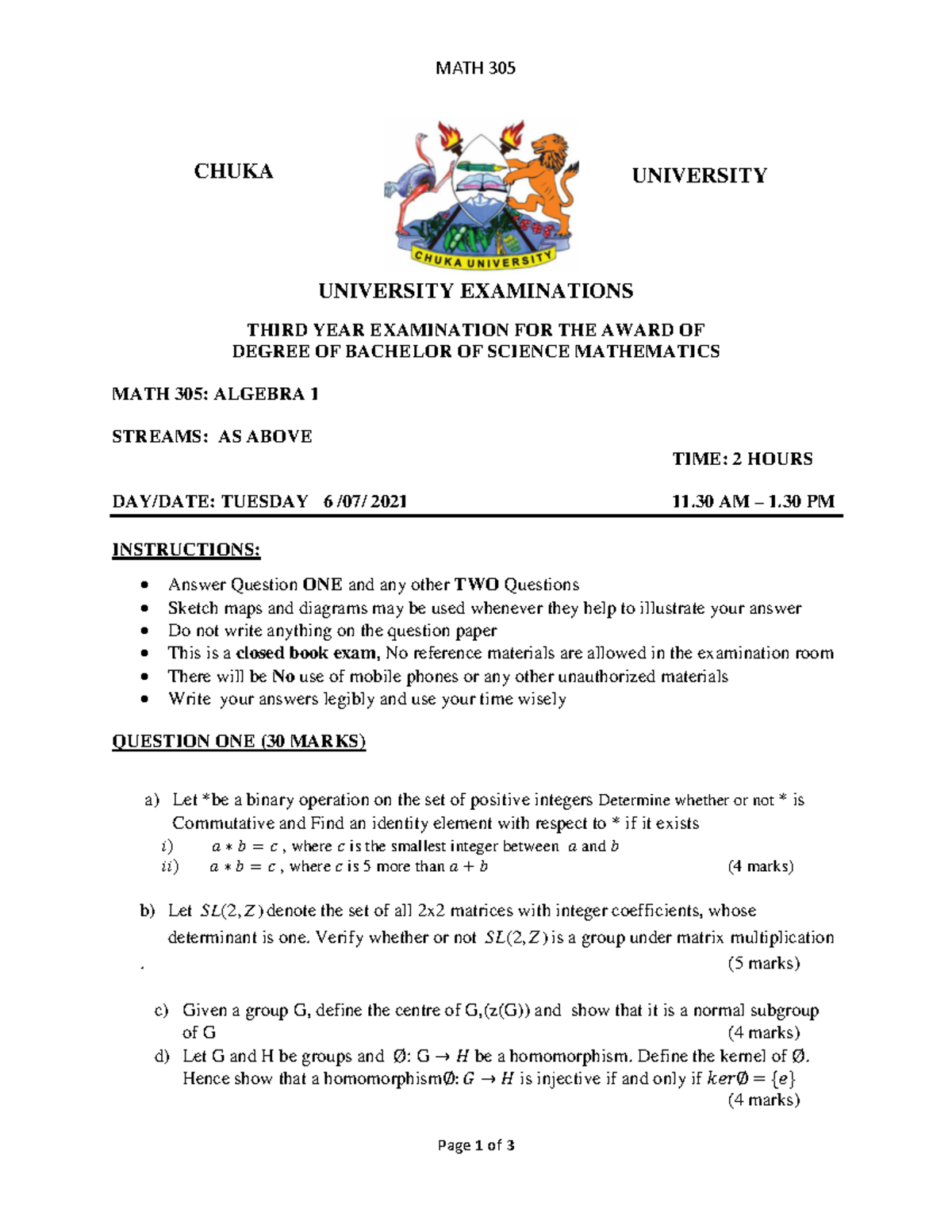 MATH 305 - exam paper - MATH 305 Page 1 of 3 CHUKA UNIVERSITY ...